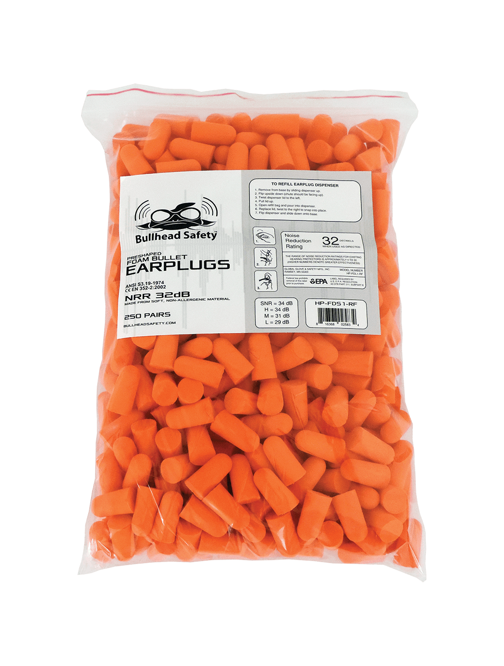 Orange PU Foam Bullet Earplug Dispenser Refill Pack, NRR 32 dB, 250 Pa ...