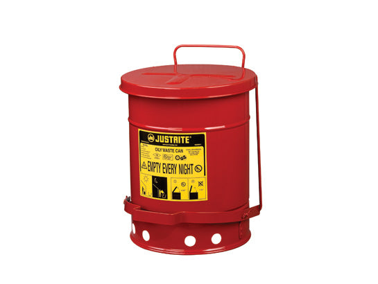 Justrite Oily Waste Can, 6-Gallon, Foot-Operated Self-Closing Cover ...