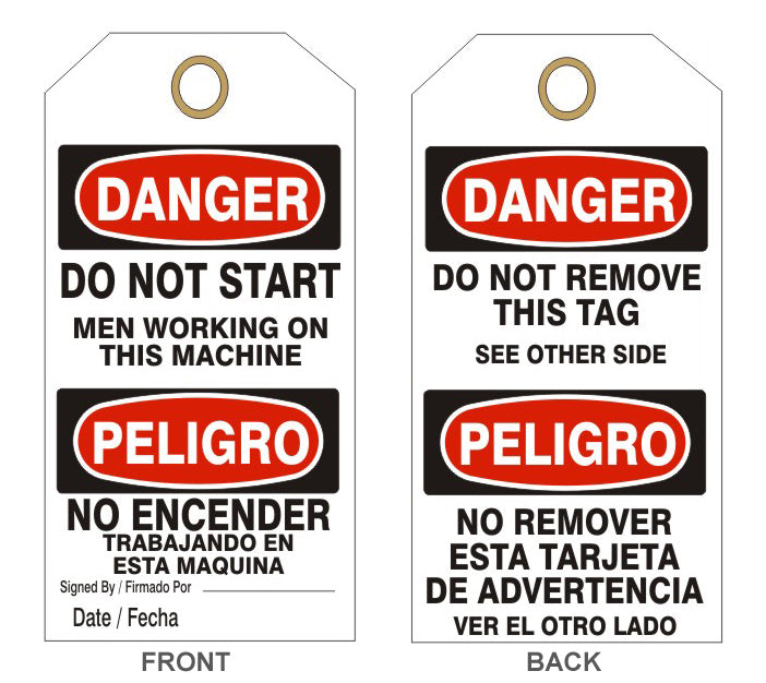 6" x 3" Danger Do Not Start Men Working on This Machine Tags - Bilingu ...